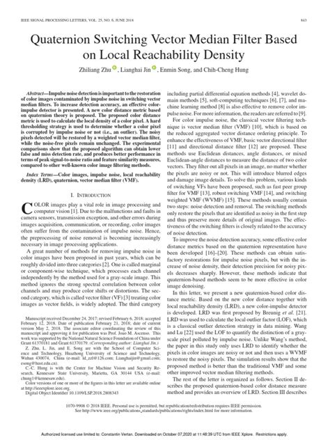 Quaternion Switching Vector Median Filter Based On Local Reachability