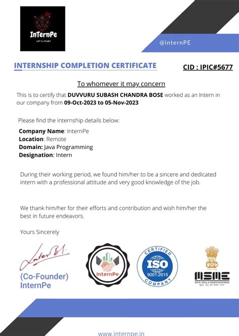 Experience Java Java Internship Internpe Subash Duvvuru