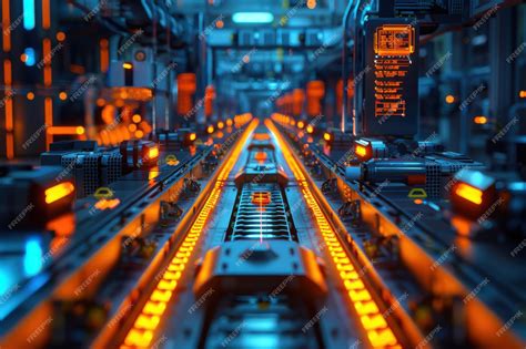 Futuristic Assembly Line With Neon Lighting At Night Premium Ai Generated Image