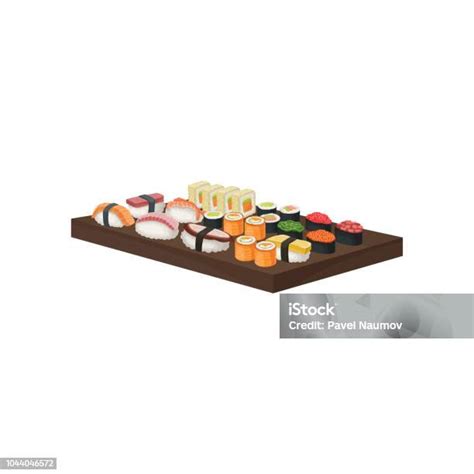 초밥의 큰 세트 나무 접시에 롤 일본 요리입니다 전통적인 아시아 음식입니다 카페 또는 레스토랑 메뉴에 대 한 평면 벡터 건강한