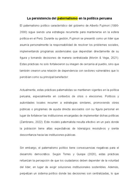 La Persistencia Del Paternalismo En La Política Peruana La
