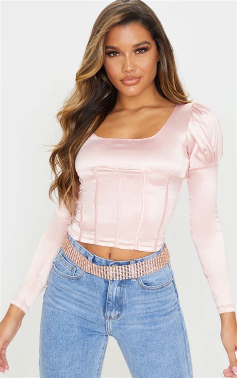 Top É Rose Clair À Corset Structuré Et Manches Longues Bouffantes