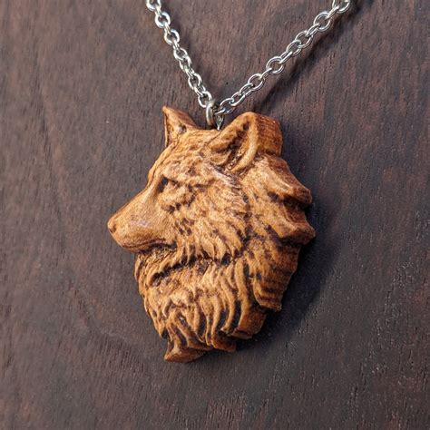 Wolf Head Side View Carved Wood Pendant Necklace Etsy Wood Necklace