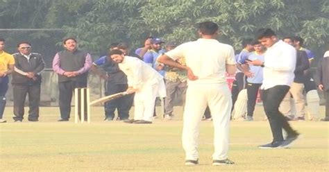 Watch Minister Anurag Thakur Shows Off Cricket Skills In Varanasi
