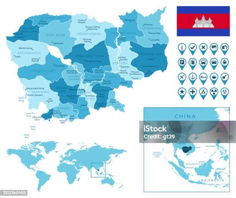 カンボジアは世界地図上の国の旗と場所と行政青地図を詳述しました アイコンのベクターアート素材や画像を多数ご用意 アイコン アイコン