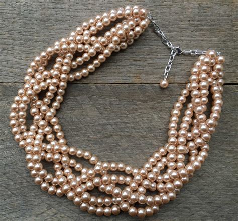 Pink Champagne Pearl Statement Necklace Multi Strand Necklace Etsy