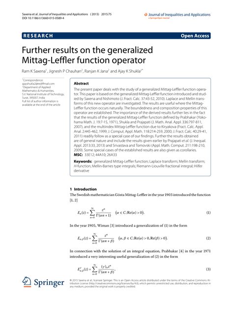 Pdf Further Results On The Generalized Mittag Leffler Function Operator