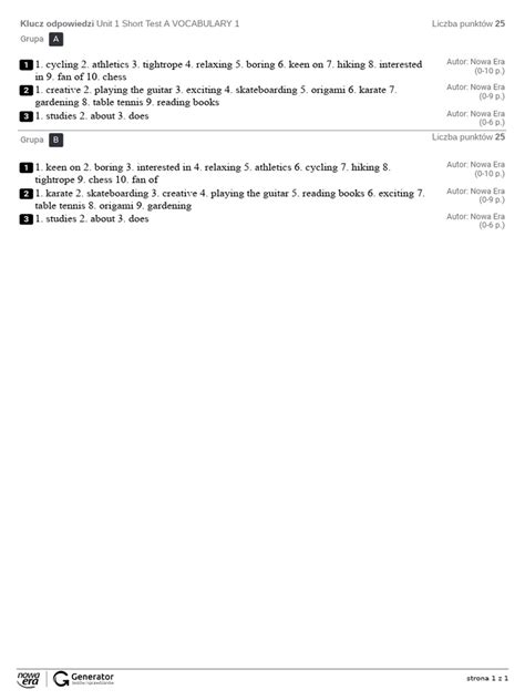 Unit 1 Short Test A Vocabulary 1 Klucz Odpowiedzi Pdf