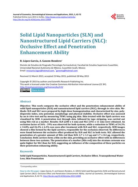 Pdf Solid Lipid Nanoparticles Sln And Nanostructured Lipid Carriers Nlc Occlusive Effect