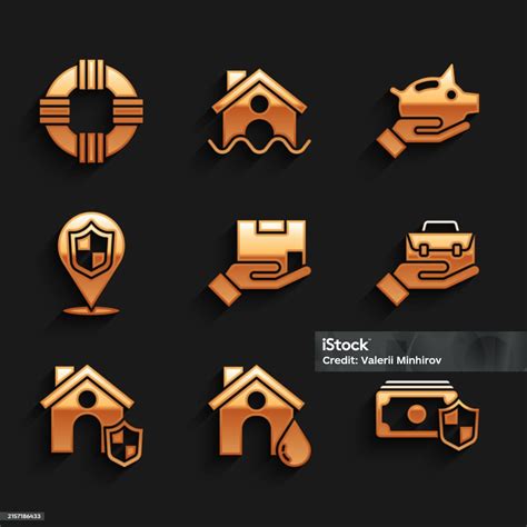 배달 보험 집 홍수 방패와 돈 서류 가방을 들고 손 위치 돼지 저금통 및 구명 부표 아이콘을 설정합니다 벡터 가리키기에 대한 스톡 벡터 아트 및 기타 이미지 Istock