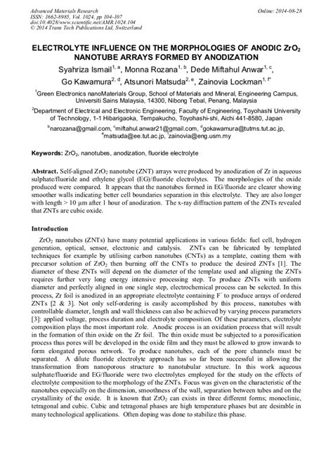 Electrolyte Influence On The Morphologies Of Anodic Zro2 Nanotube