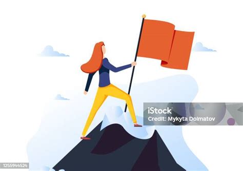 사업가 캐릭터 는 산 상단에 붉은 깃발을 게양 성공의 절정에 비즈니스 우먼 리더십 승자 꼭대기에 대한 스톡 벡터 아트 및 기타 이미지 Istock