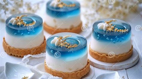 Elegant Blue And White Desserts With Floral Garnish On White Plates