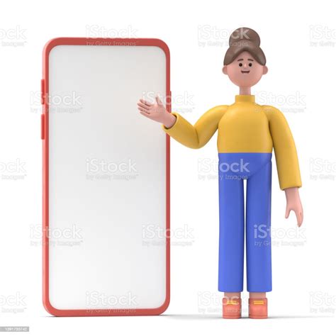 큰 전화와 웃는 여자 안젤라의 3d 그림 화면을 손가락으로 가리키는 남자를 서있는 만화 캐릭터의 초상화 흰색 배경에 3d 렌더링