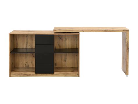Escritorio Extensible Con Tablero Giratorio 360° En Mdf Natural Y Negro