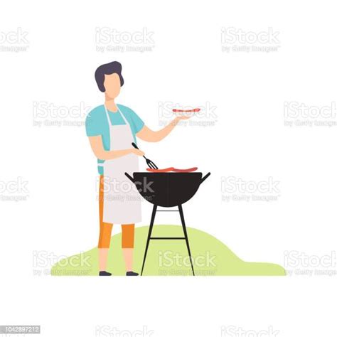 젊은이 흰색 바탕에 바베 큐 그릴 벡터 일러스트 레이 션에 조리 소시지 고기에 대한 스톡 벡터 아트 및 기타 이미지 고기 굽기 꼬챙이 Istock