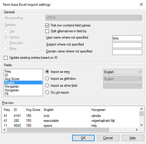 Excel Importeinstellungen für Termdatenbank