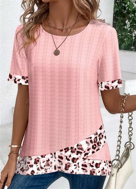 ROTITA Patchwork Leopard Pink Scoop Neck T Shirt Fashion Tops Blouse