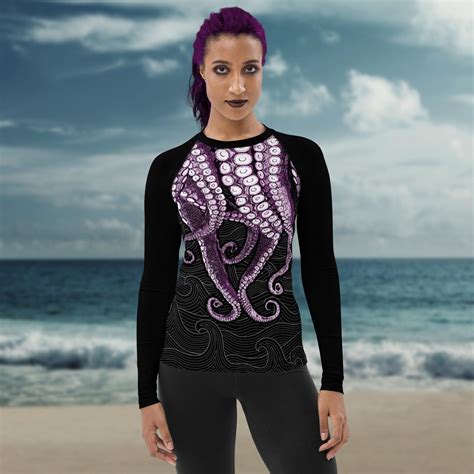 Womens Rash Guard Gothic Tentacle Design Sea Witch Purple And