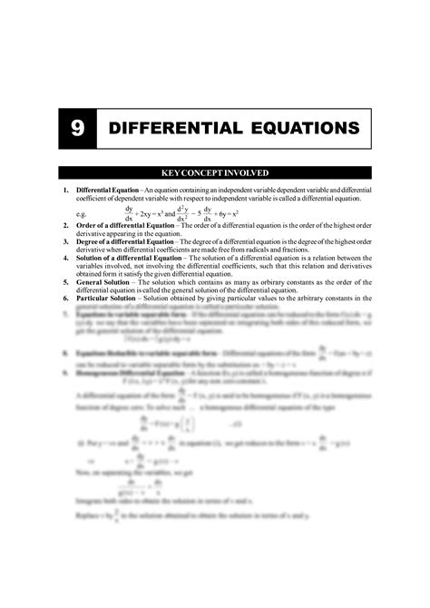 Solution Class 12th Differential Equations Formula Sheet Chapter 9