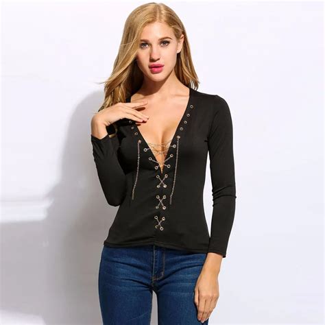 Summer Sexy Deep V Neck T Shirt Women Lace Up Metal Chain Closure Tight