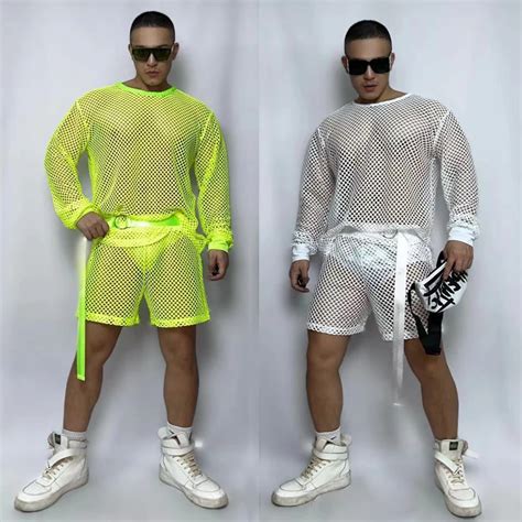 Fluorescent Green Mesh Top Shorts Men Sexy Pole Dance Outfit Bar