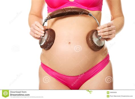 Pregnant Woman With Headphones On Her Belly Stock Photo Image Of Expecting Beautiful
