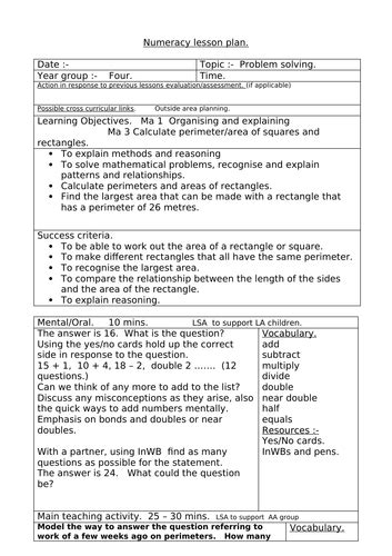 Year 4 Area And Perimeter Maths Lesson Plan Squares And Rectangles