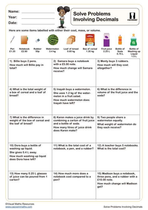 Solve Problems Involving Decimals Worksheet Printable Pdf Year 4