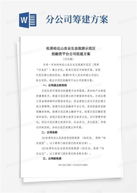 园区投融资平台公司组建方案Word模板下载 编号qgexarbq 熊猫办公