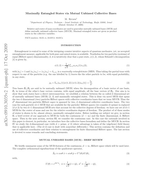 Pdf Maximally Entangled States Via Mutual Unbiased Collective Bases