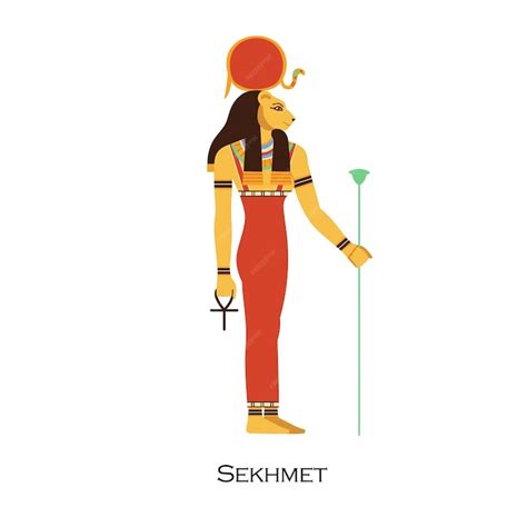 암사자 머리와 태양 원반을 가진 고대 이집트의 여신 Sekhmet 전사와 치유의 여성 신 고대 이집트의 신화 캐릭터 평면