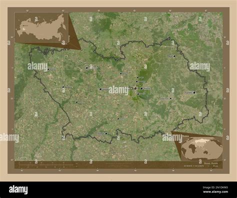 Penza, region of Russia. Low resolution satellite map. Locations and ...