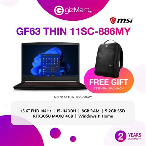 Msi Gf63 Thin 11uc 886my Gaming Laptop I5 11400h8gb 3200mhz512gb Ssd