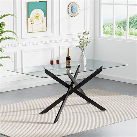 61 Rectangle Glass Dining Table For 4 6 Luxury Kitchen Table With Tempered Glass Top And Black