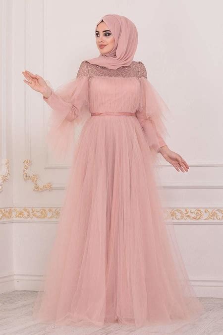 Rose Poudré Tesettürlü Abiye Elbise Robe de Soirée Hijab PD Tesetturisland