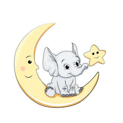 Illustration Of A Cute Baby Elephant Sitting On The Moon And Stars