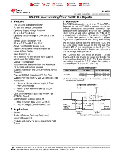 TCA9509 Level Translating I2C And SMBUS Bus Repeater Texas Instruments