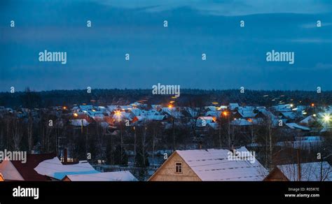 Russian Village N Winter Twilight Russia Countryside In Night Stock