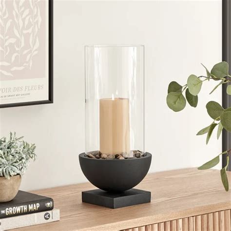 Large Black Metal Bold Pedestal And Glass Pillar Hurricane Candle
