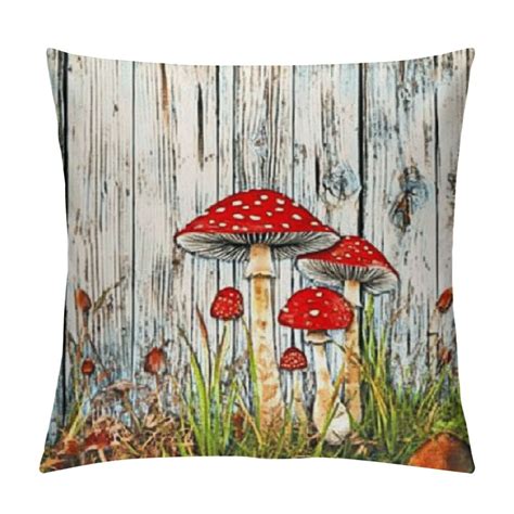 Autua Mushrooms Fence Wooden Door Graphic Decorative Throw Pillow Cover