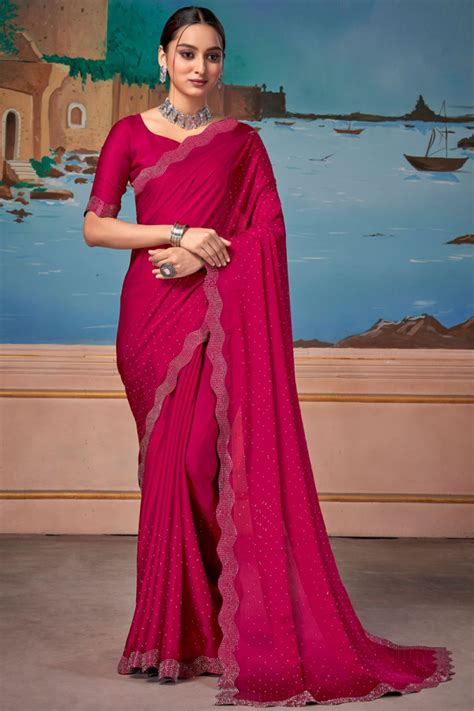 Raspberry Pink Embellished Satin Chiffon Saree
