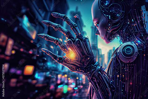 AI Machine Learning Hands Of Robot And Human Touching Big Data Of