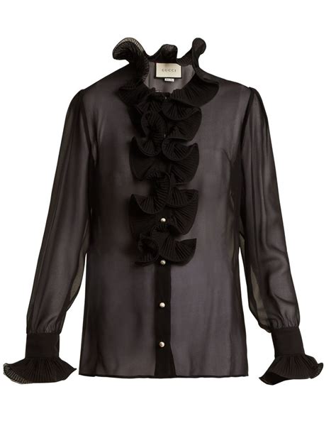 Gucci Ruffle Trimmed Sheer Silk Georgette Blouse In Black Modesens