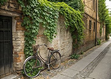 Vintage Bicycle Leaning Against A Brick Wall With Ivy Background