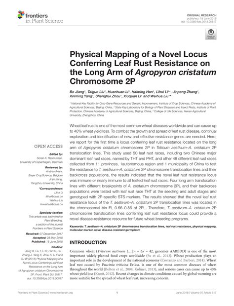 Pdf Physical Mapping Of A Novel Locus Conferring Leaf Rust Resistance On The Long Arm Of