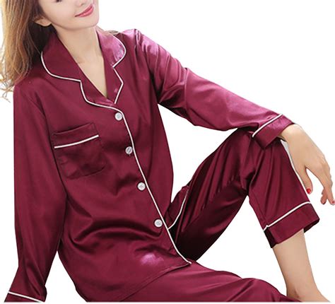 Swomog Conjunto De Pijama De Seda Y Satén Para Mujer Manga Larga Dos Piezas Rojo Vino