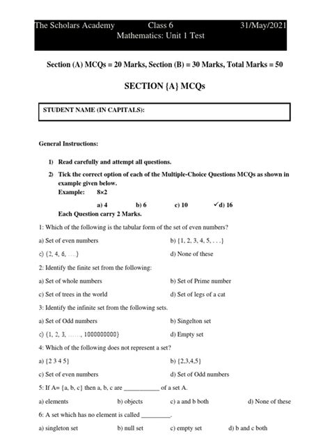 Math Test Class 6 Unit 1 Sets Mcqs Subjective In English Pdf Multiple Choice Mathematics