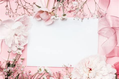 ピンクの淡い背景にパステルの花とリボンが付いた白い空白のカード 写真 無料ダウンロードのための画像 Pngtree