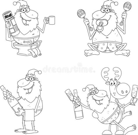 Personajes De Dibujos Animados De Santa Claus Desnuda Y Renos Bajo Forma De Ebrio Conjunto De